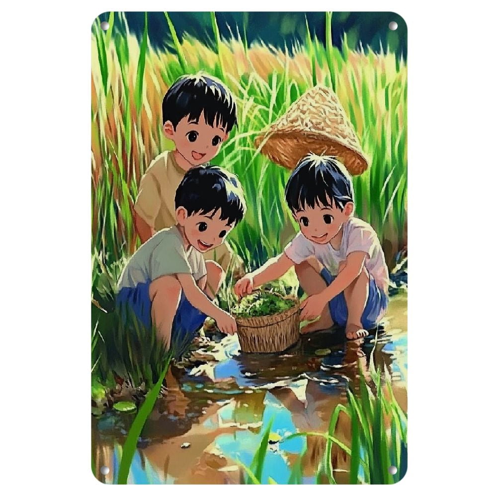 1pc Rustic Iron Wall Art, 8x12" - Charming Youngsters in Rice Field ...