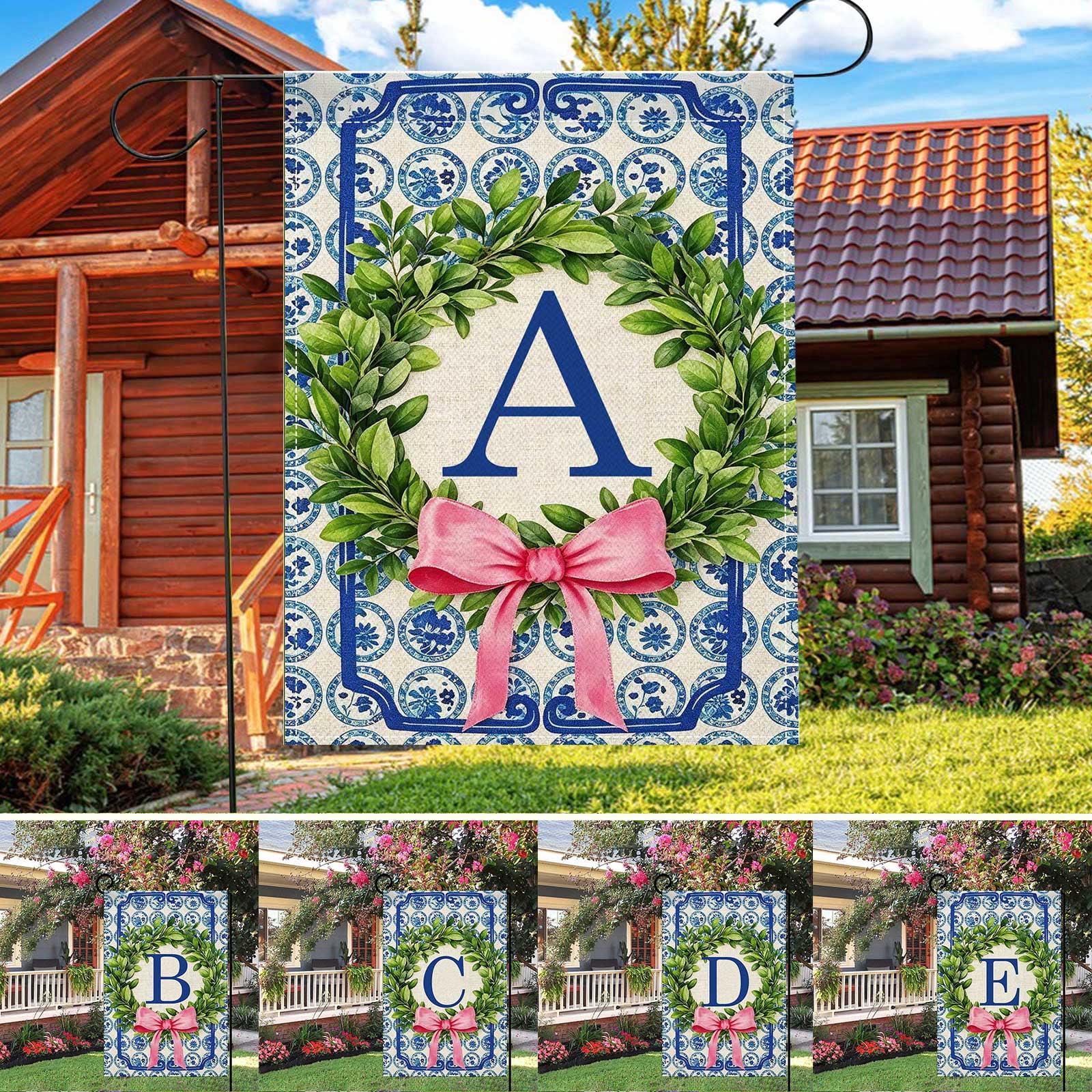 1pc Rustic Letter M Blue-and-White Porcelain-Style Garden Flag with ...