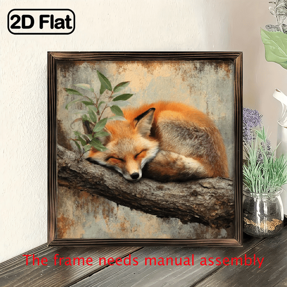 1pc Rustic Sleeping Fox on Tree Branch Wooden Frame Wall Art - Vintage ...
