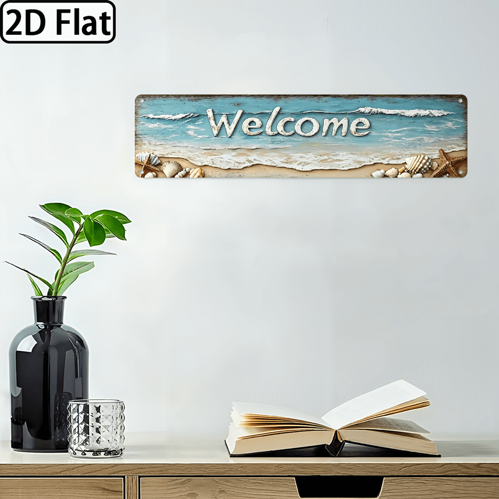 1pc Rustic Welcome Beach Metal Wall Sign - Ocean Wave Theme with ...