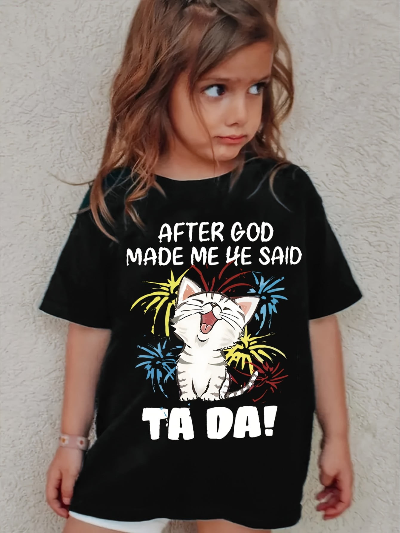 1pc SCKMEU Cute Kitten Print T-Shirt for Girls, Crew Neck, Short Sleeve ...
