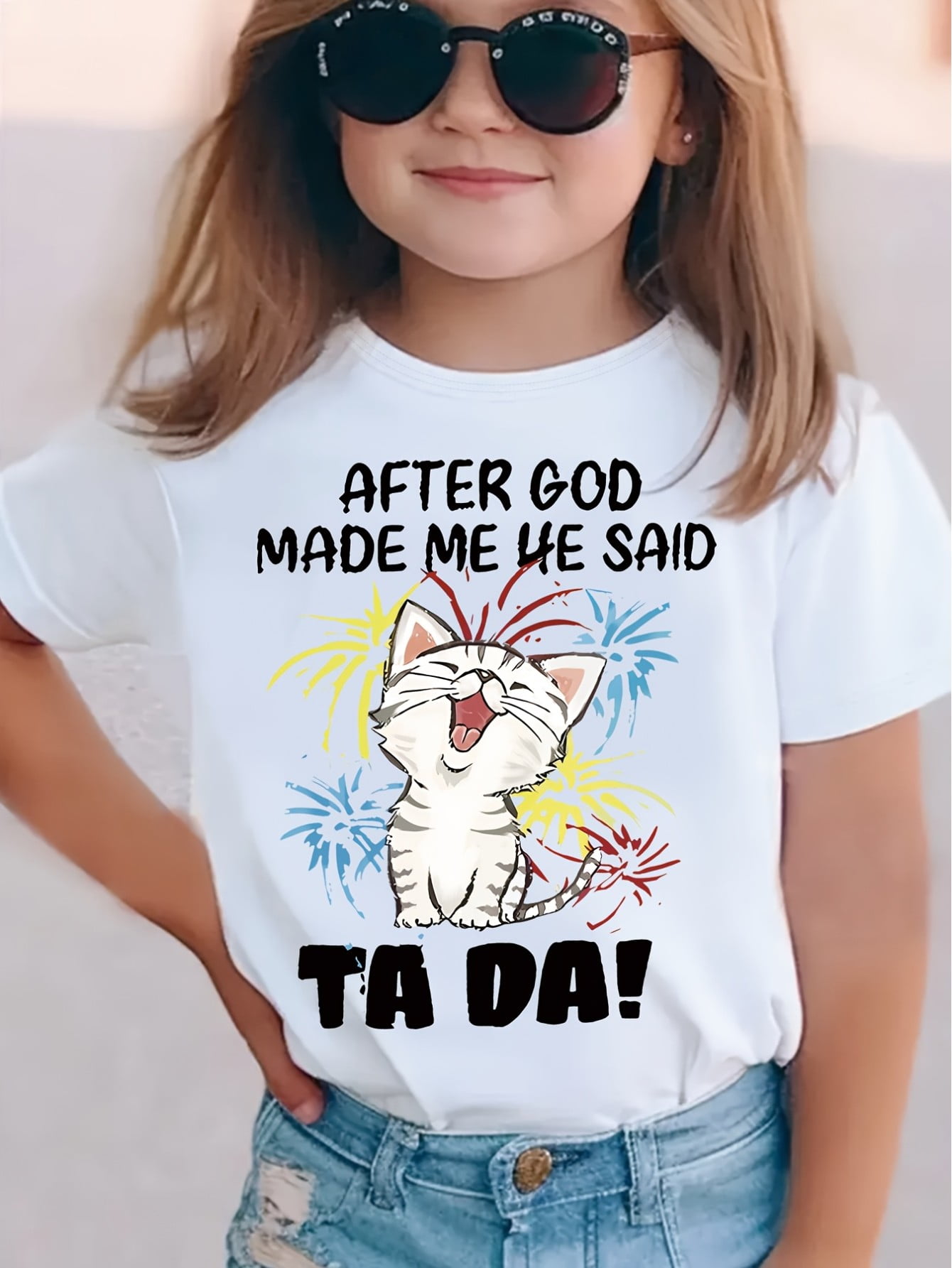 1pc SCKMEU Cute Kitten Print T-Shirt for Girls, Crew Neck, Short Sleeve ...