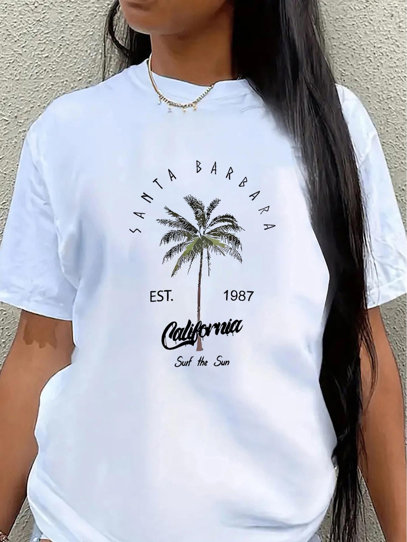 1pc Santa Barbara Palm Tree Graphic Tee, Polyester 95% Spandex 5% Crew ...