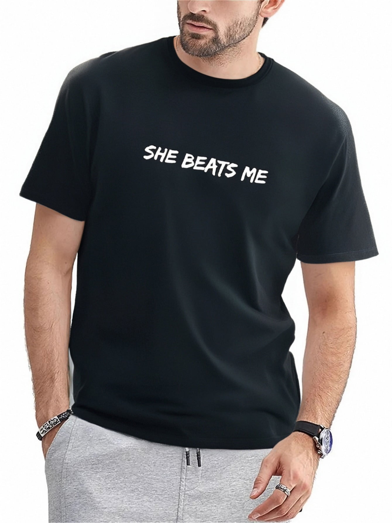 1pc "She Beats Me" Casual Cotton T-Shirt, Crew Neck, All-Season, Slight ...