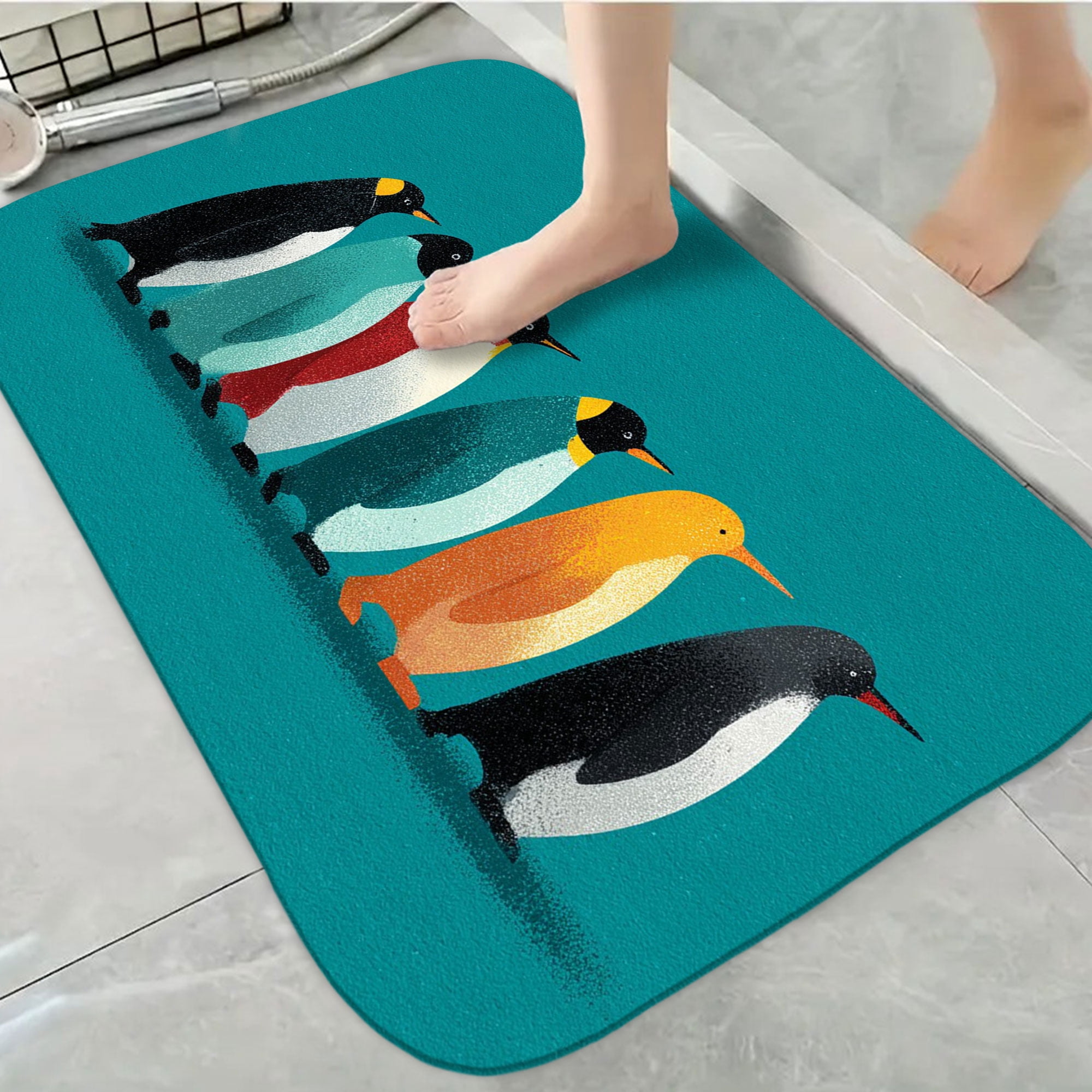 1pc Six Penguins Absorbent Non-Slip Bathroom Thickened Flannel Rug ...