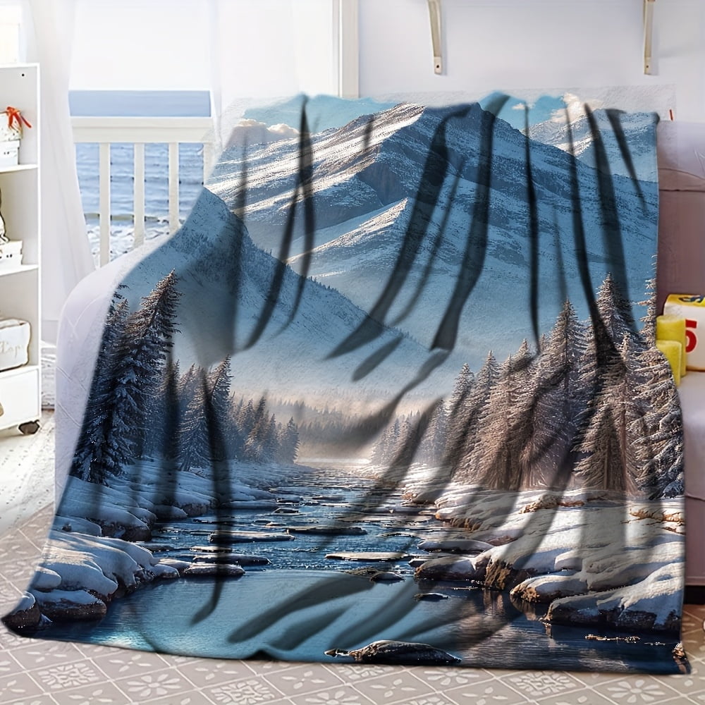 1pc Snow-Capped Mountain & Forest Scenery Flannel Blanket - Soft All ...