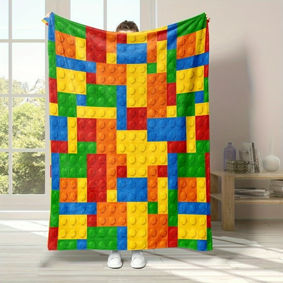 1pc Soft And Warm Flannel Blanket With Building Blocks Print - Perfect ...