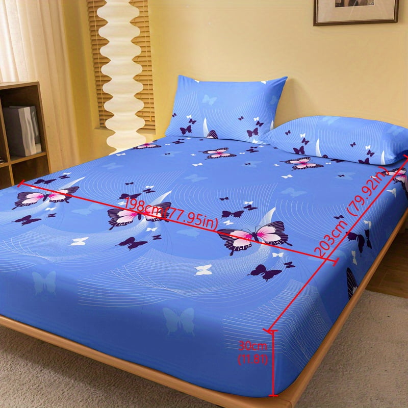 1pc Soft Brushed Butterfly Print Fitted Sheet - Comfortable, Deep ...
