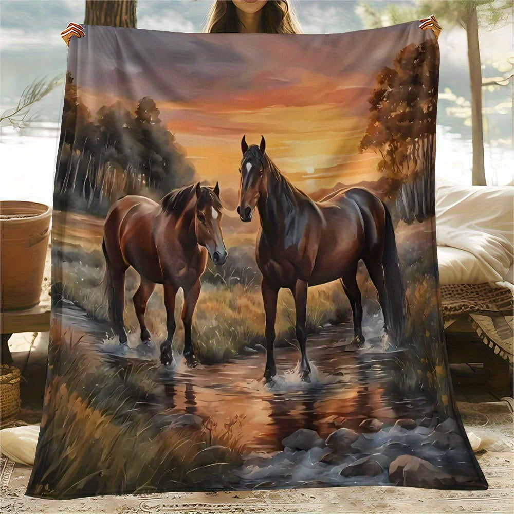 1pc Soft And Cozy Sunset with Horse Warm Scene Pattern Design Printed ...