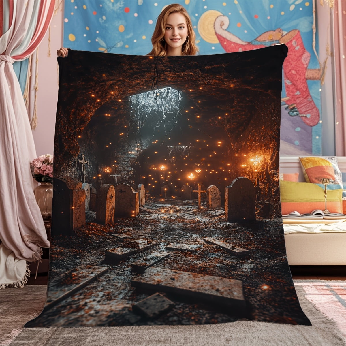 1pc Soft Flannel Blanket with Glowing Jack-O'-Lanterns & Spooky ...