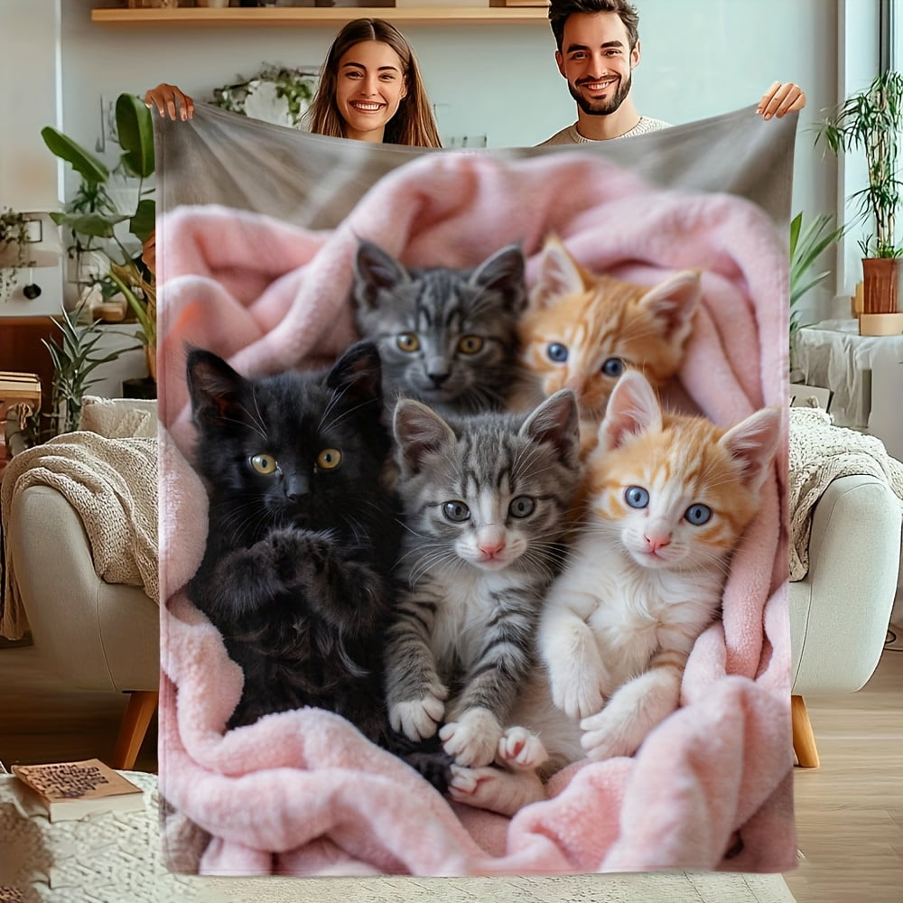 1pc Soft Plush Cat Print Blanket | Cozy Fantasy Theme with 6 Kittens ...