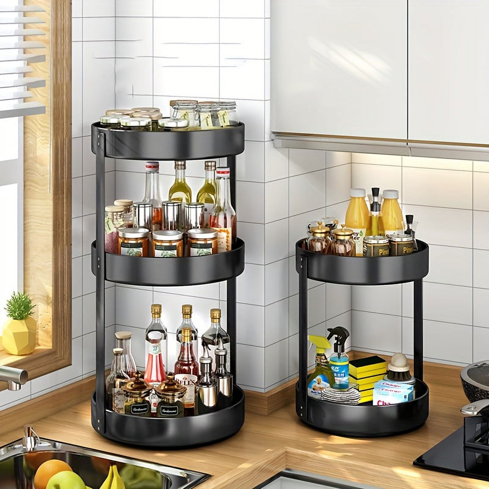 1pc Spice Rack, Black Alloy Steel Kitchen Organizer, 3-Tier Rotating ...
