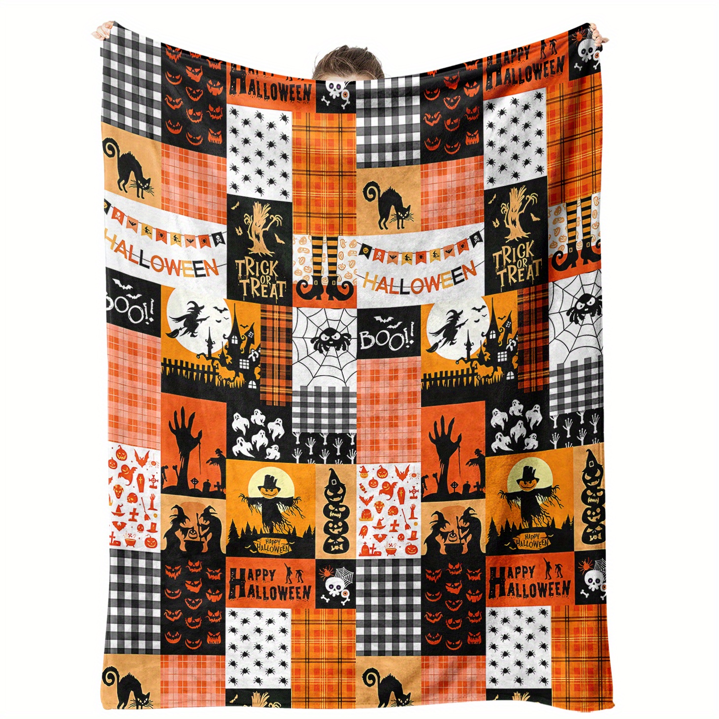 1pc Spooky Patchwork Halloween Blanket - Soft Flannel Throw with ...