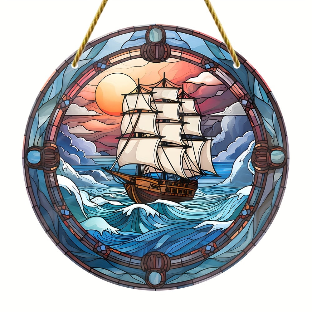 1pc, Stained glass pirate ship decoration, round acrylic ark decoration ...