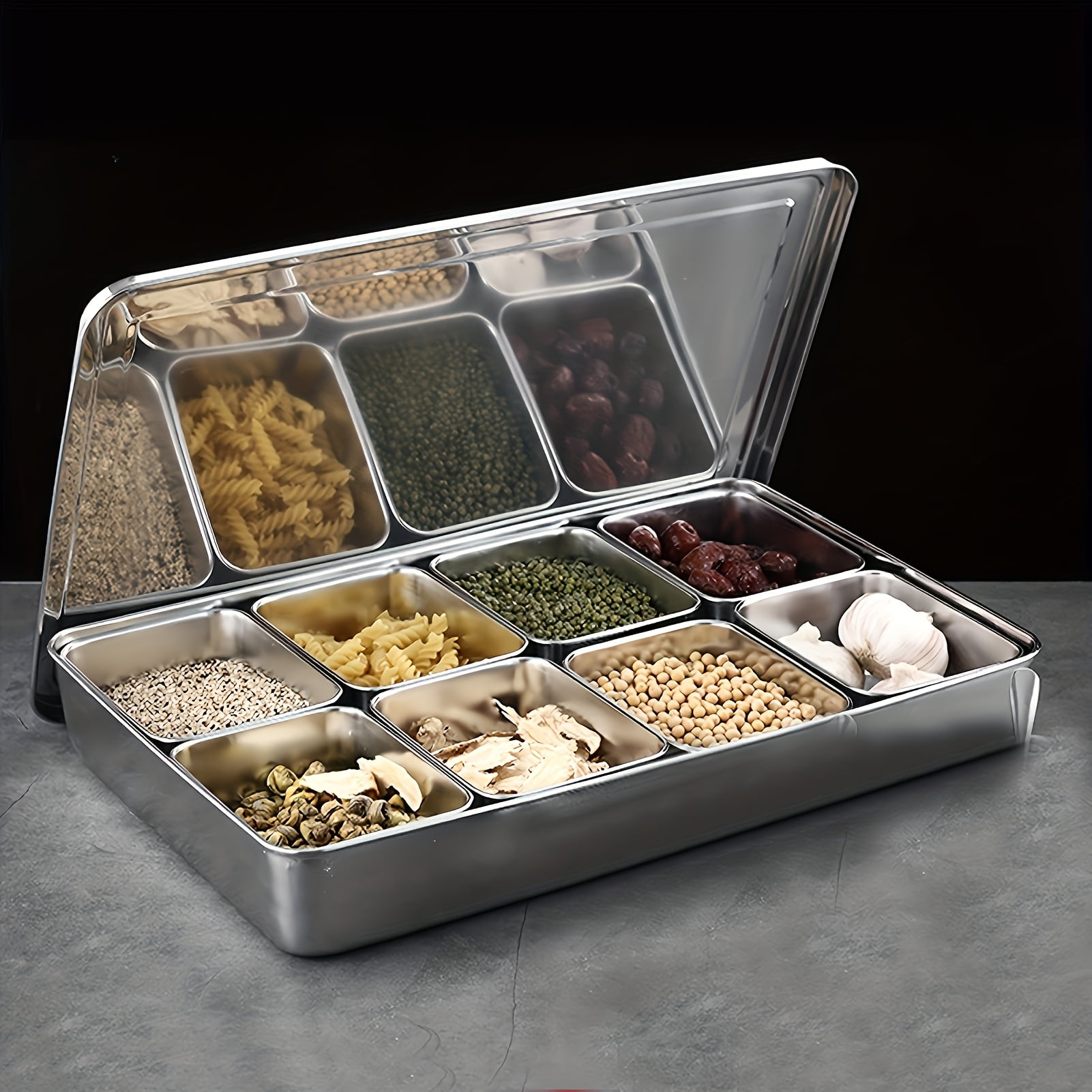 1pc Stainless Steel Compartment Seasoning Container With Lid And Spoon ...