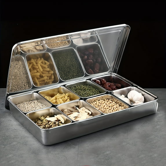 1pc Stainless Steel Compartment Seasoning Container With Lid And Spoon ...