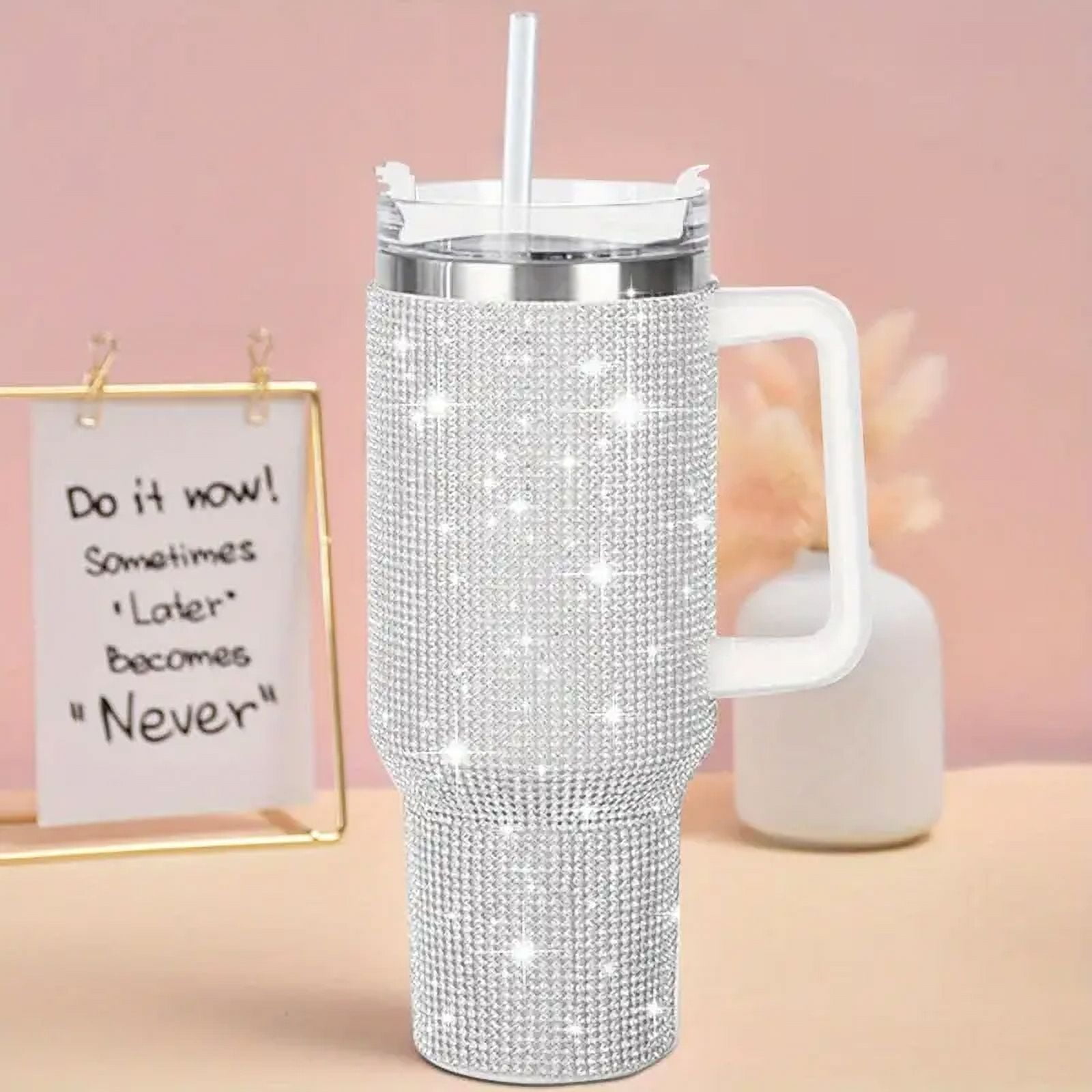 1pc Stainless Steel Rhinestone Tumbler With Straw And Handle, Flat ...