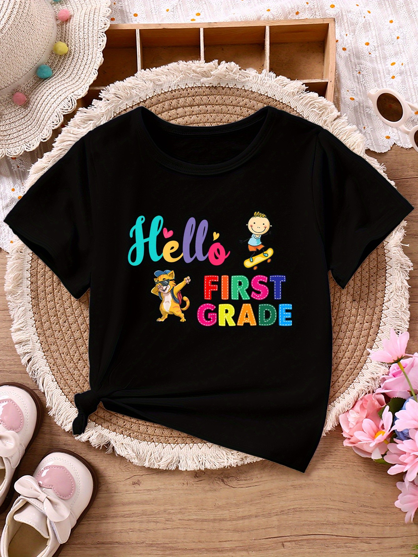 1pc Summer Kids' T-Shirt - "Hello First Grade" Graphic, Breathable ...