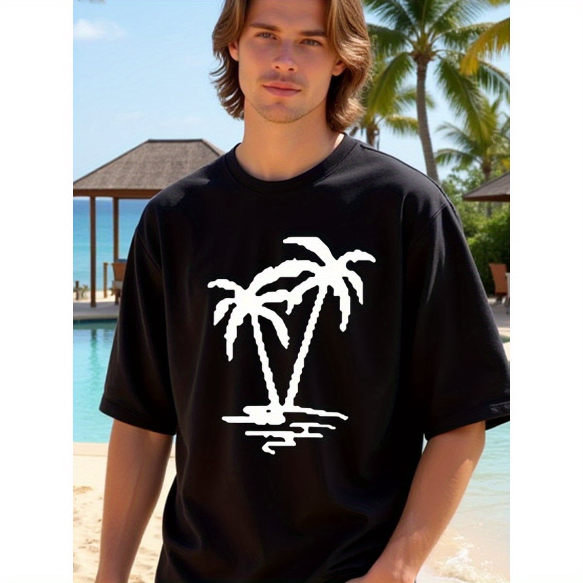 1pc Summer Vibes Palm Tree Graphic Tee, 100% Cotton, Crew Neck, Short ...