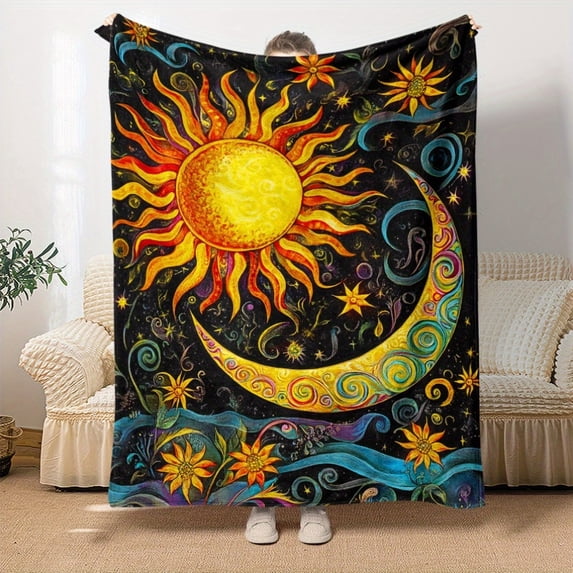 1pc Sun and Moon Design Fleece Throw Blanket - Soft Polyester Flannel ...