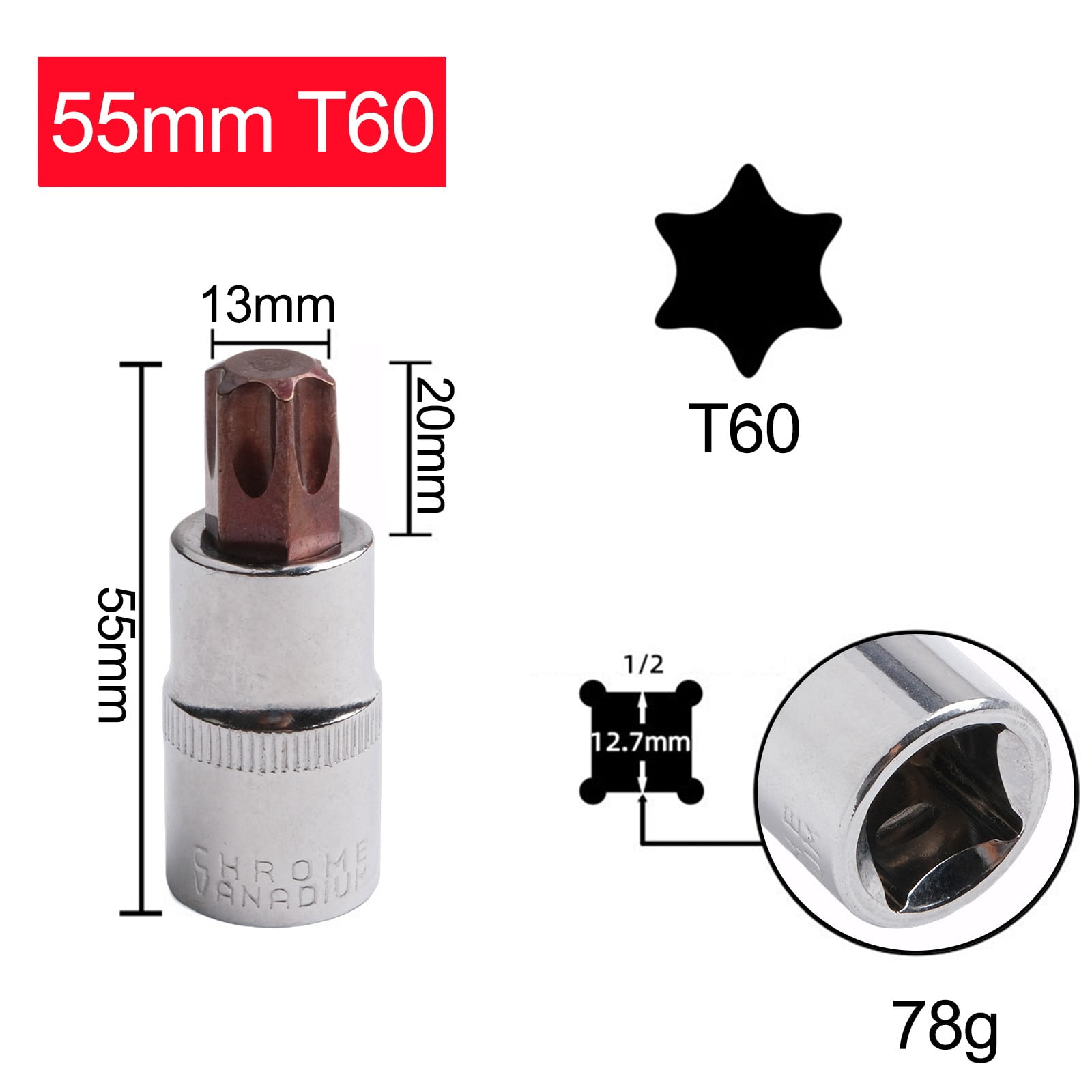 1pc T20-T70 Hex Head Screwdriver Bit Torx Bit Sockets 1/2inch Sockets ...