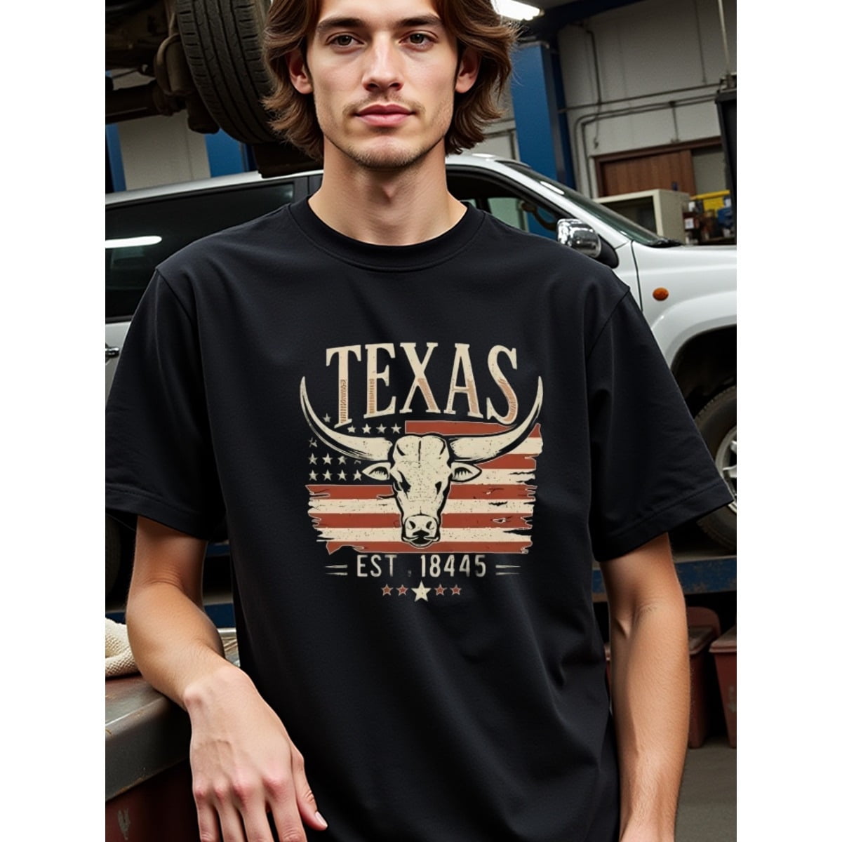 1pc Texas Pride Longhorn Flag T-shirt, 100% Fabric, Crew Neck, Short ...