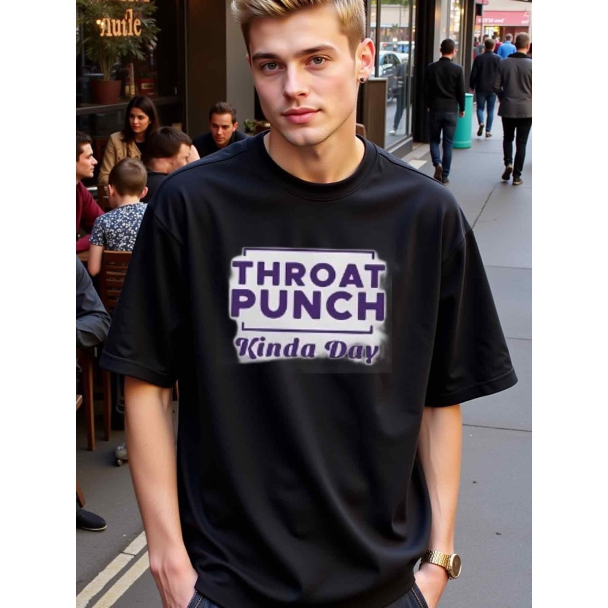 1pc Throat Punch Kinda Day Graphic Tee, 100% Cotton, Crew Neck, Short ...