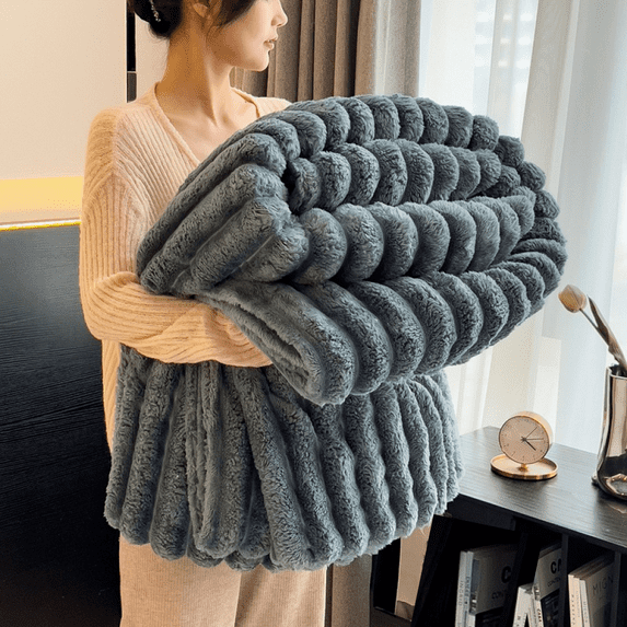 1pc Throw Blanket for Bed - 250GSM Soft & Warm Fluffy Blanket, Decorative Striped Blankets for ...