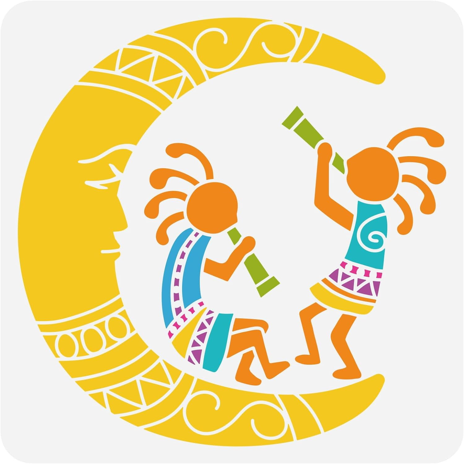 1pc Tribe Moon Stencil 11.8x11.8inch Reusable Tribe Kokopelli Drawing ...