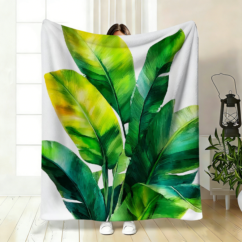 1pc Tropical Leaves Print Blanket with Vibrant Green Foliage Design for ...