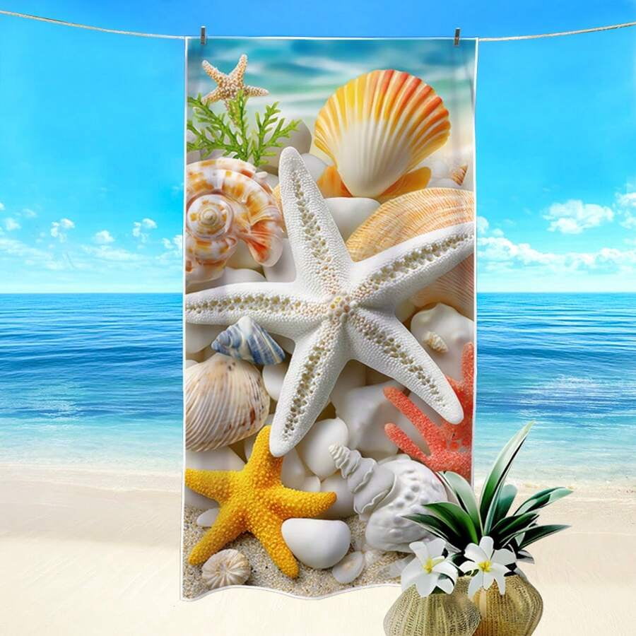 1pc Turtle, Starfish & Heart Print Beach Blanket, Super Absorbent ...