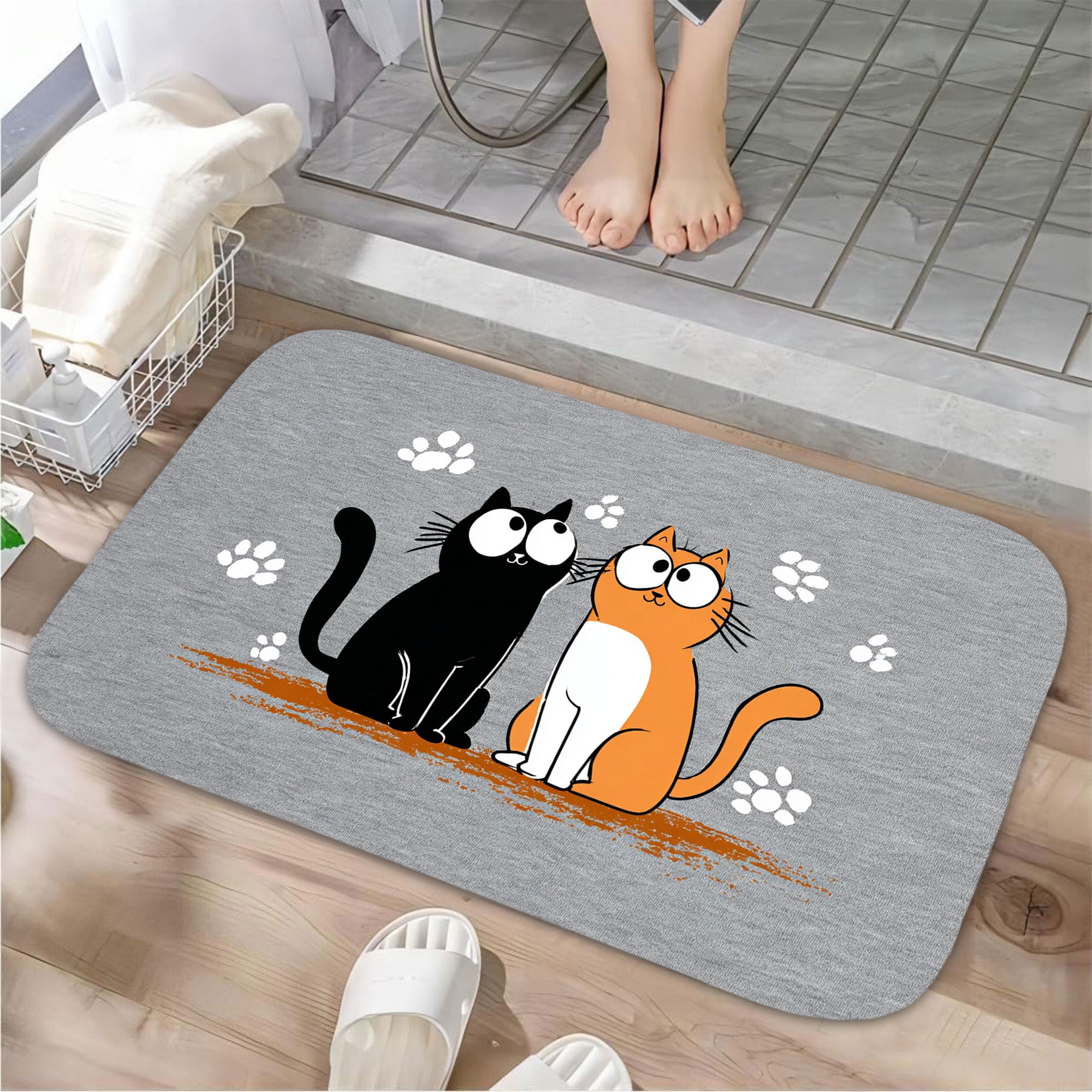 1pc Two Cats Absorbent Non-Slip Bathroom Thickened Flannel Rug Decor ...
