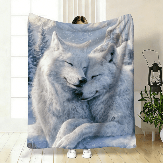 1pc "Two White Wolves Nestled in the Snow" pattern Flannel Blanket,Soft ...