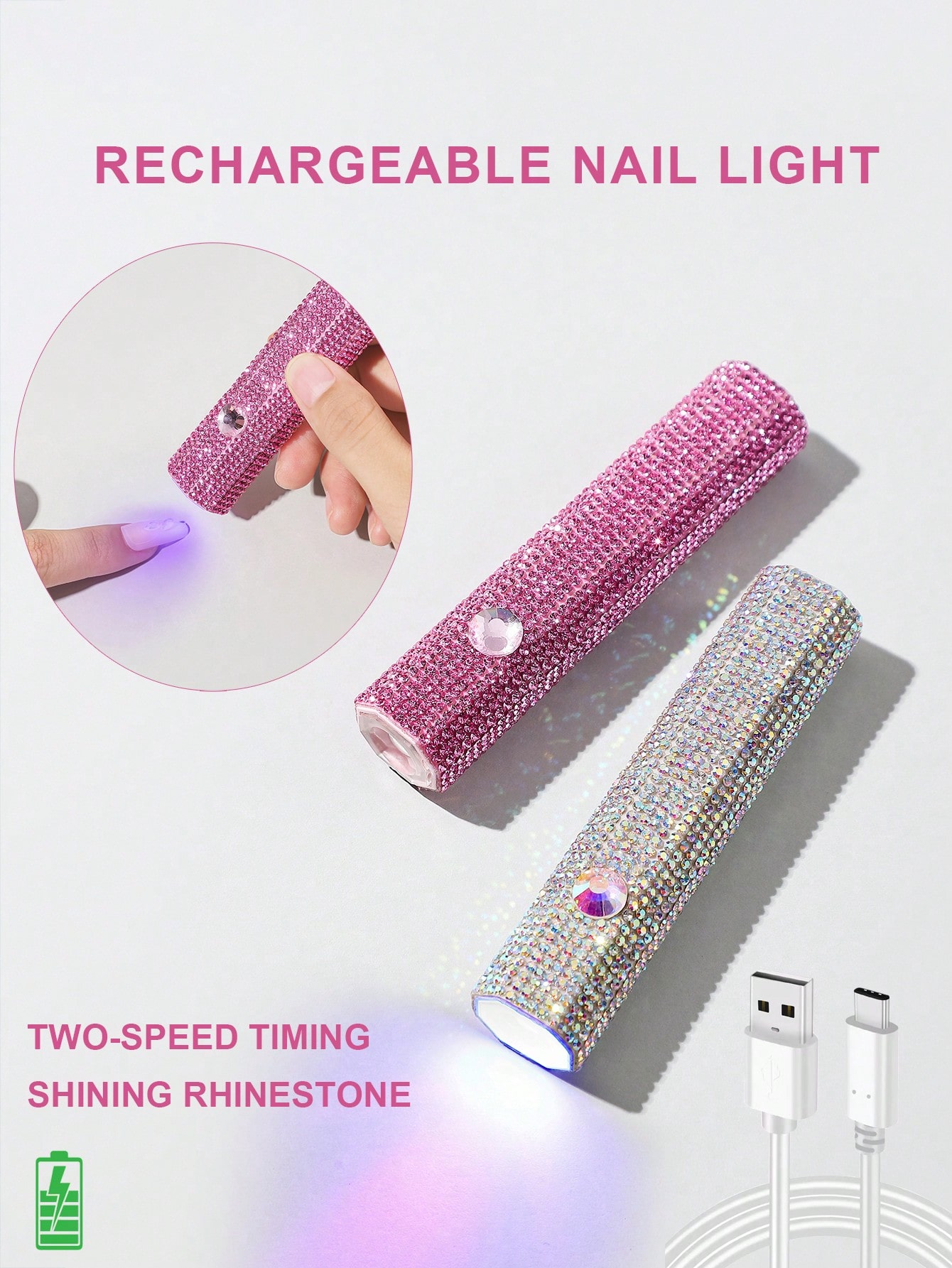 1pc USB Rechargeable Nail Lamp, Pink Diamond UV LED Manicure Light ...