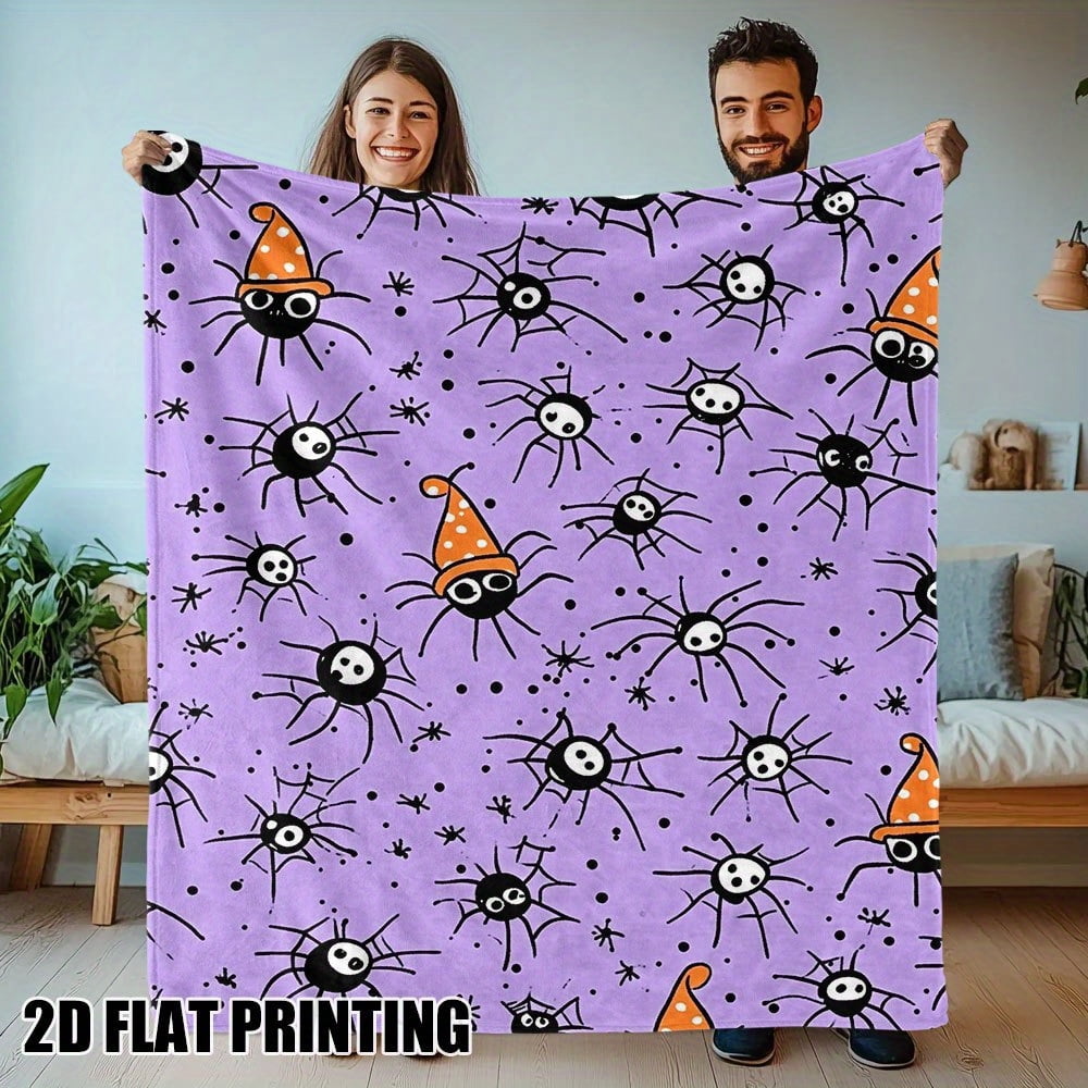 1pc Ultra-Soft Flannel Halloween Spider Web & Spiders Blanket - Purple ...