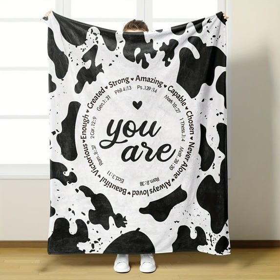 1pc Ultra-Soft Flannel Throw Blanket with Inspirational Quotes & Cow ...