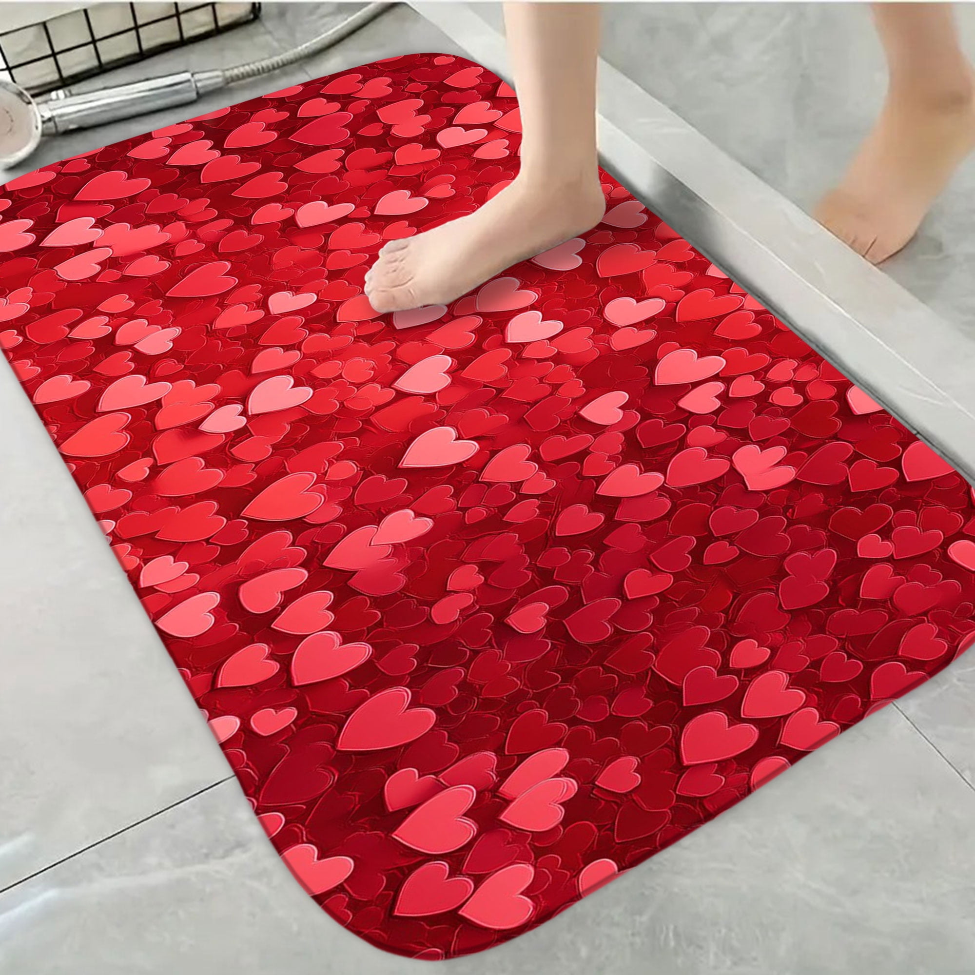 1pc Valentine's Day Decor Bathroom Mat Red Hearts Thick Polyester Non ...
