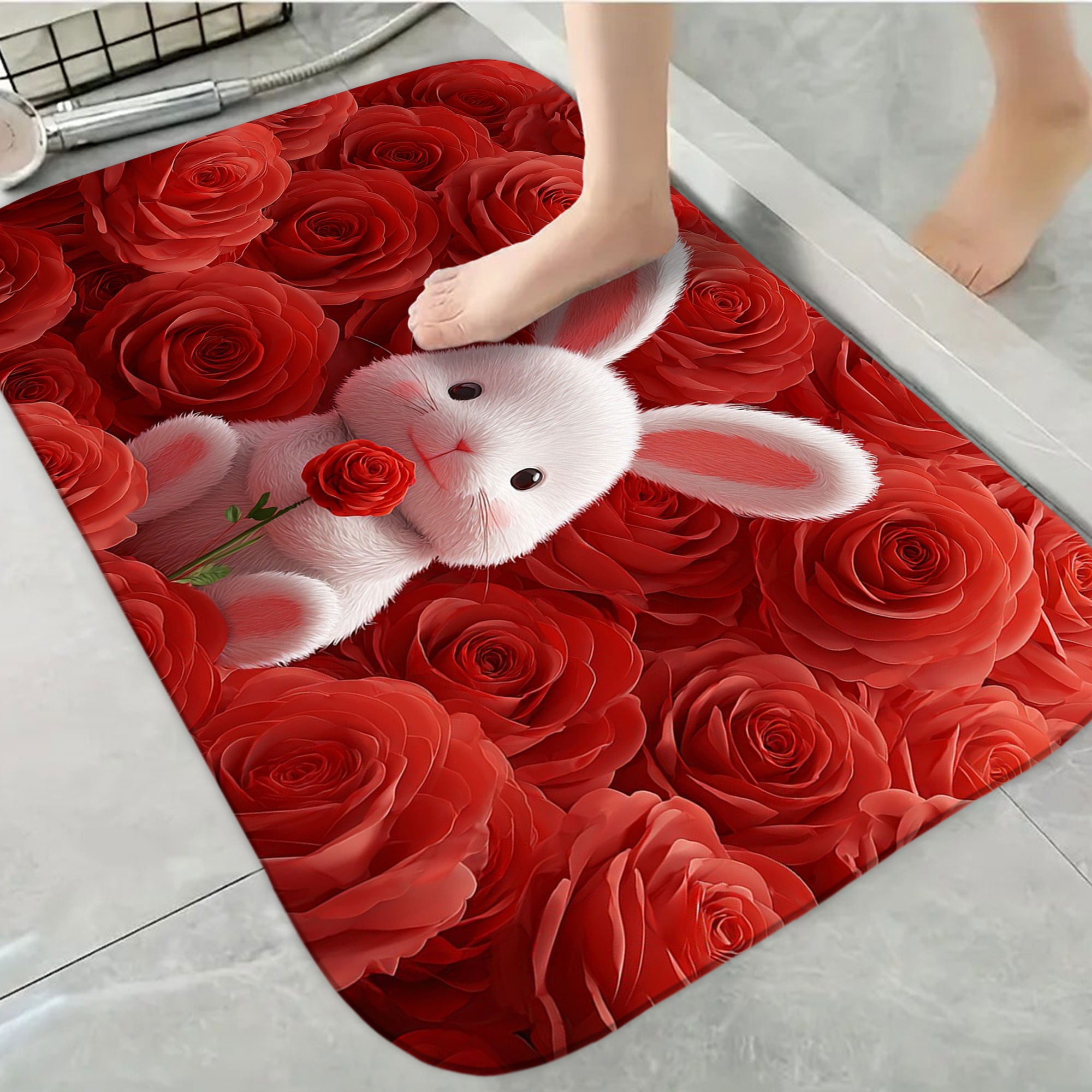1pc Valentine's Day Decor Bathroom Mat White Rabbit Thick Polyester Non ...