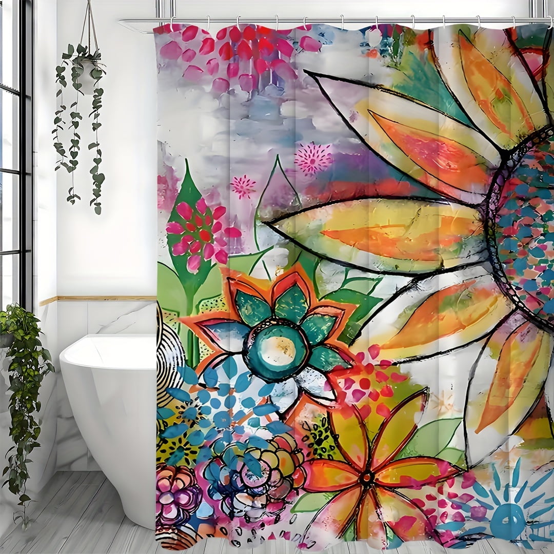 1pc Vibrant Colorful Flower Shower Curtain - Durable, Mold-Resistant ...