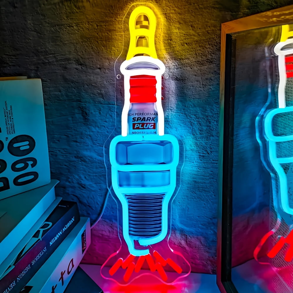 1pc Vibrant SPARK PLUG Neon Sign, - USB Powered, Blue & Yellow Glow-in ...