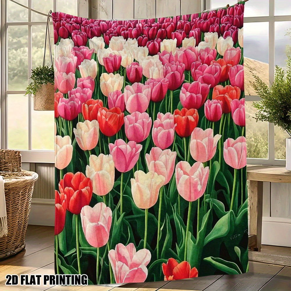1pc Vibrant Tulip Print Flannel Throw Blanket – Soft, Light Beige ...