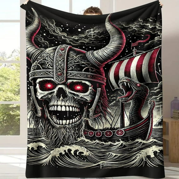 1pc Viking Norse Mythology Blanket - Norse Ship & Viking Warrior Skull ...