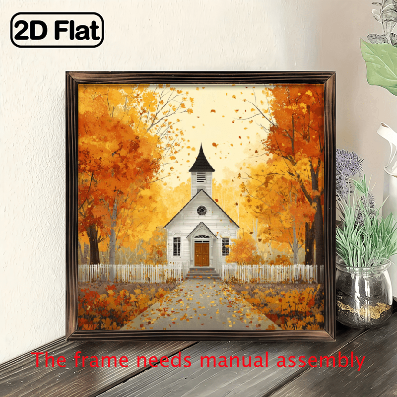 1pc Vintage Autumn Church Scene Wood Framed Art - 8x8 Inch ...