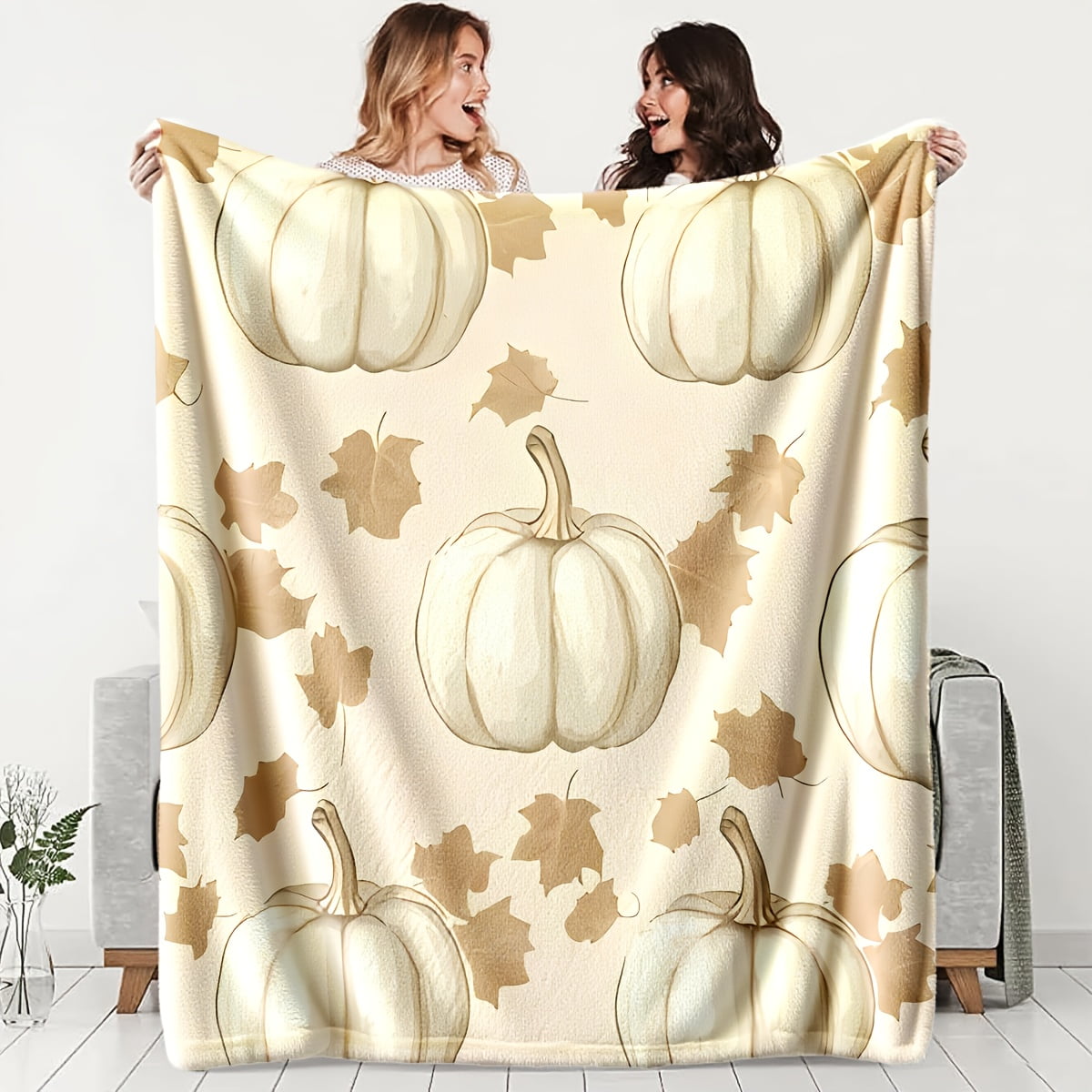 1pc Vintage Autumn Throw Blanket - Beige & White Pumpkin Leaves Print ...