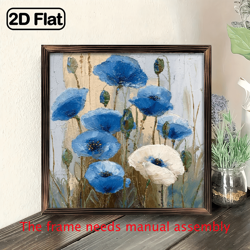 1pc Vintage Blue Poppy Wall Art - Wooden Frame with Beige Background ...