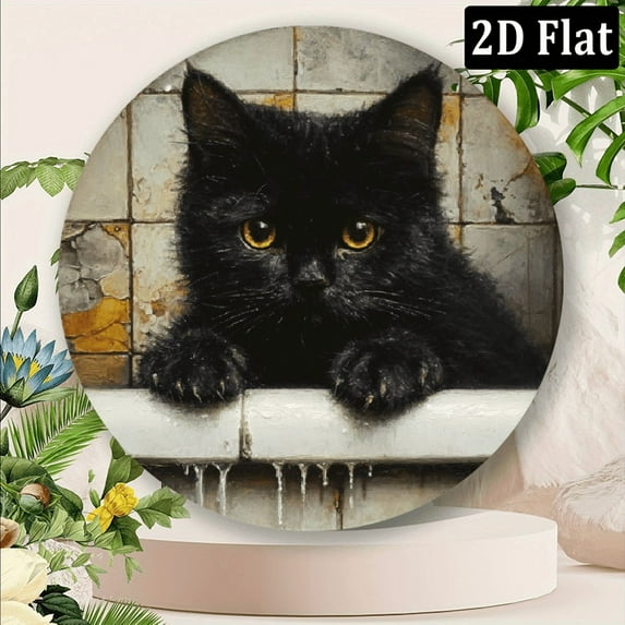 1pc Vintage Cat Theme Round Wall Art Sign - 8x8 Inch, Classic Black Cat ...