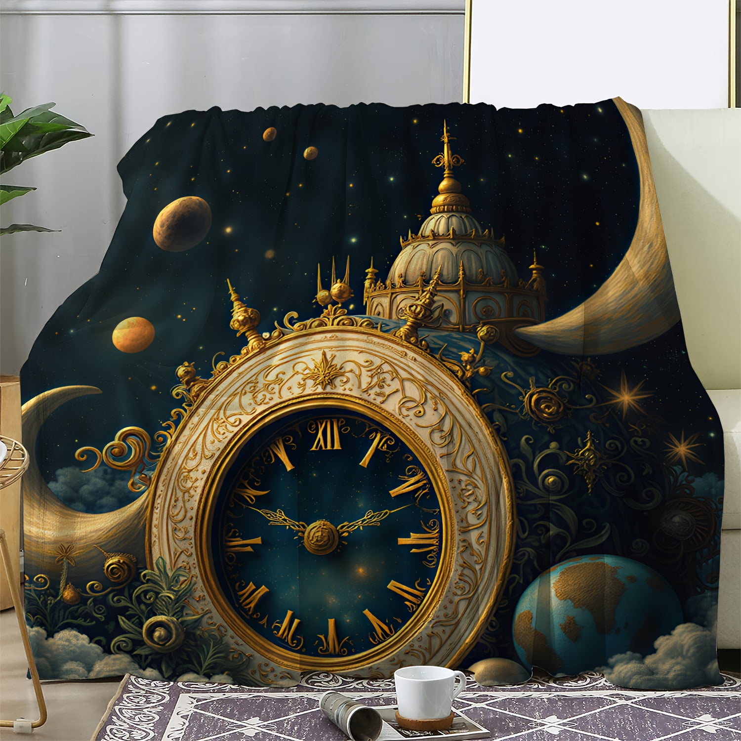 1pc Vintage Celestial Starry Sky Clock Flannel Blanket - Soft Warm All ...