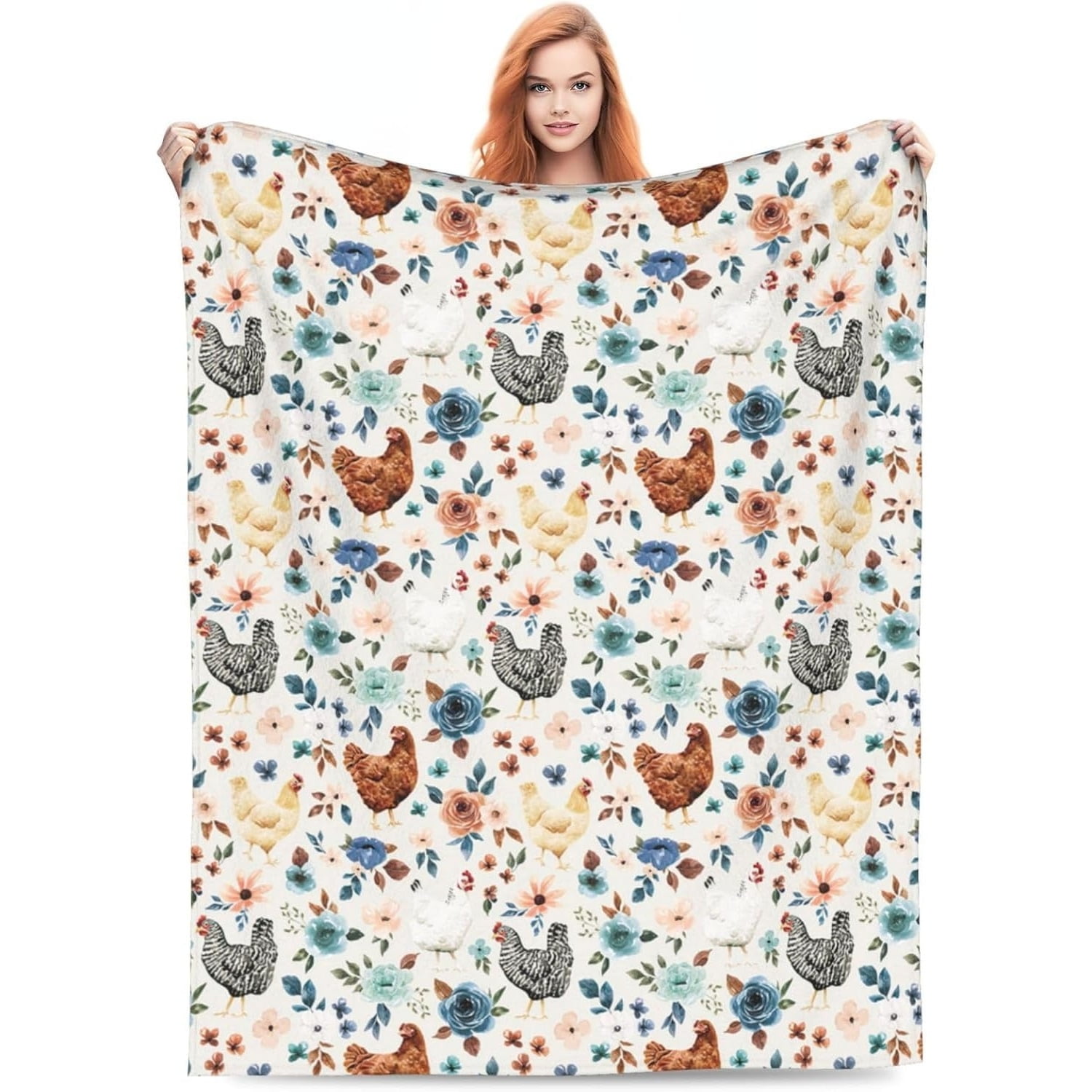1pc Vintage Chicken and Floral Print Soft Plush Throw Blanket - Rustic ...
