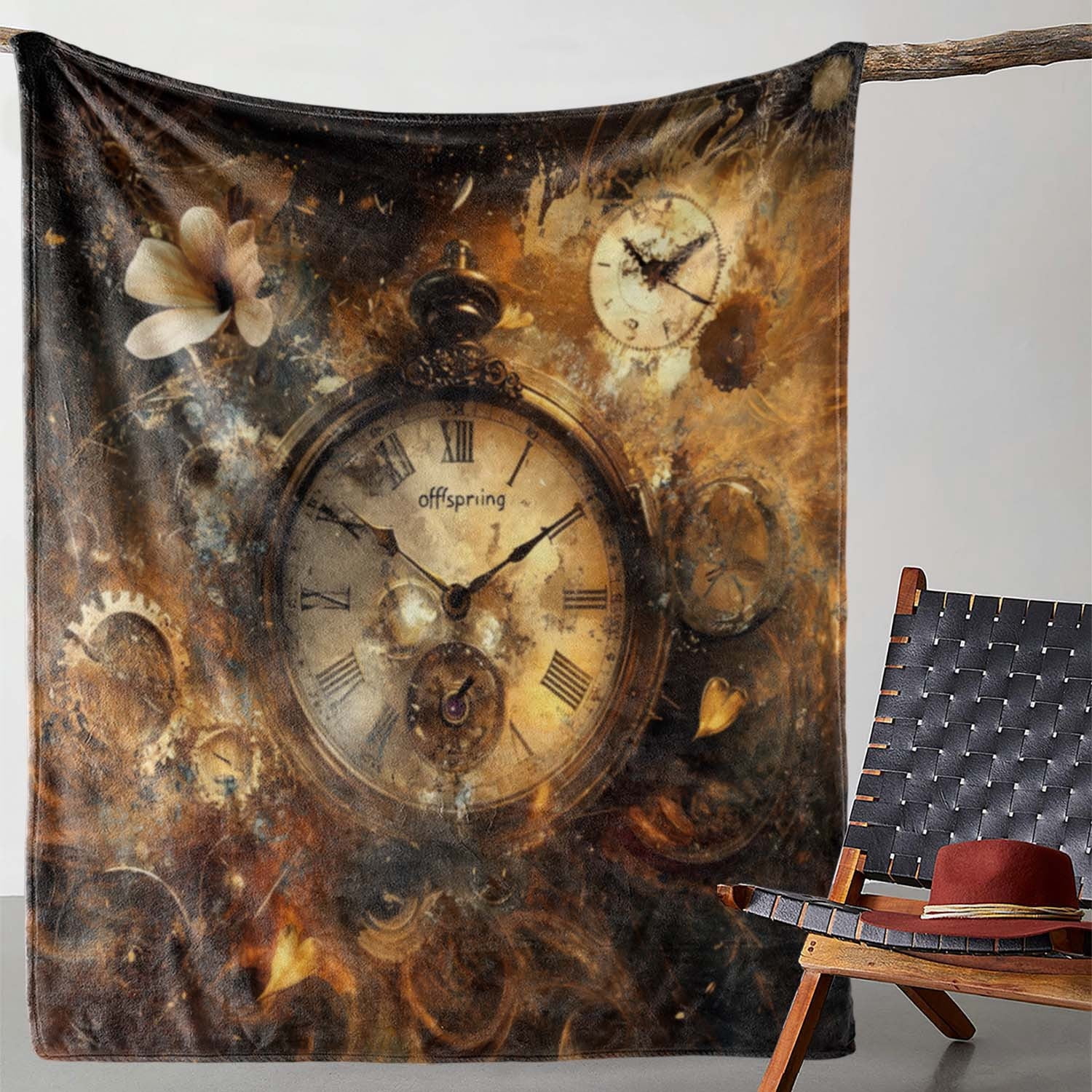 1pc Vintage Clock and Floral Print Flannel Blanket - Soft, Cozy, All ...