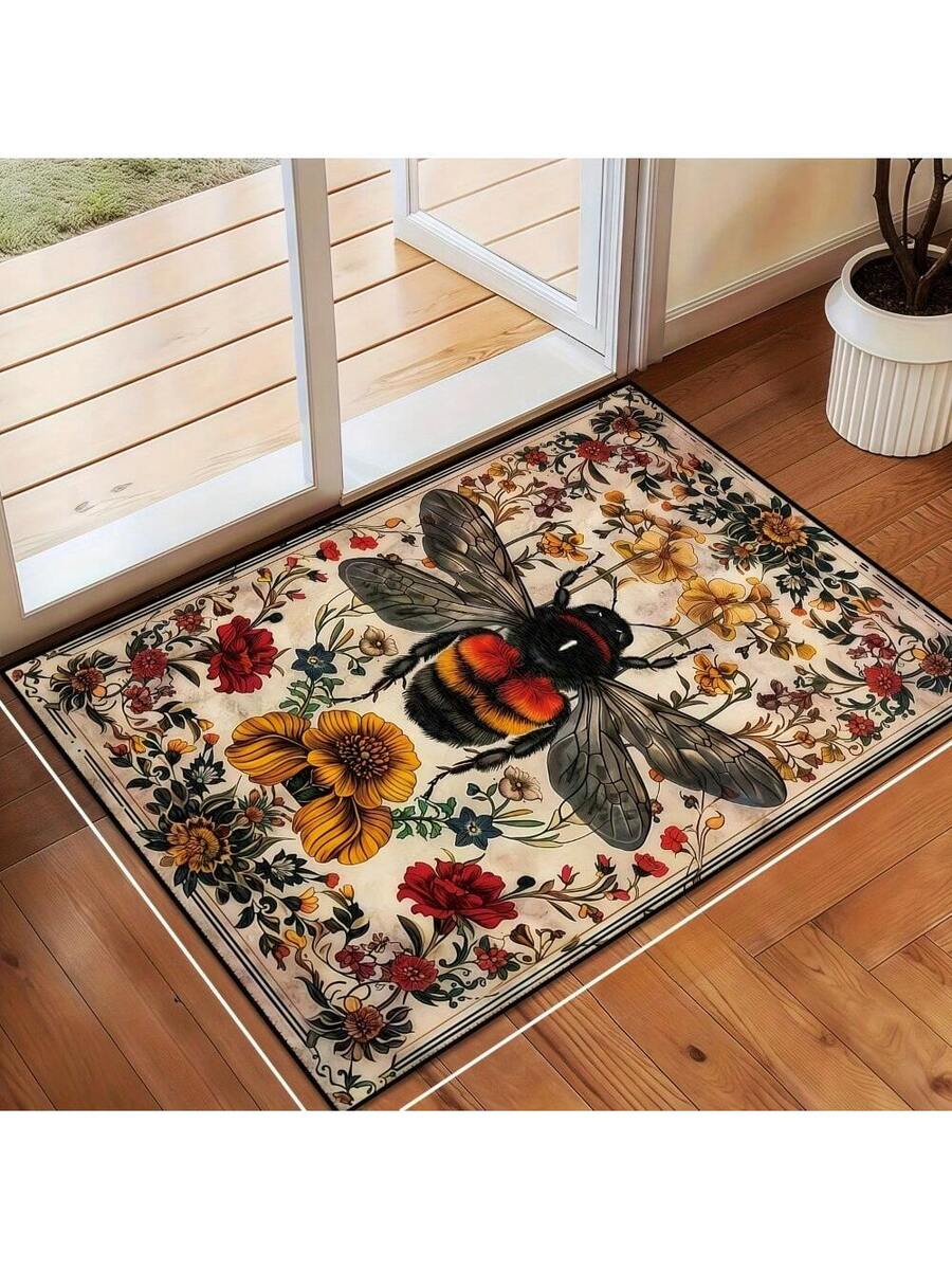 1pc Vintage Floral Bee Doormat (16"*24"/18"*30") - Non-Slip Rubber ...